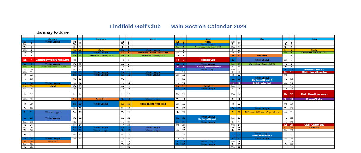 Main Section Calendar - Lindfield Golf Club