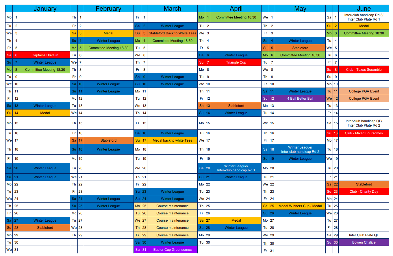 Main Section Calendar - Lindfield Golf Club