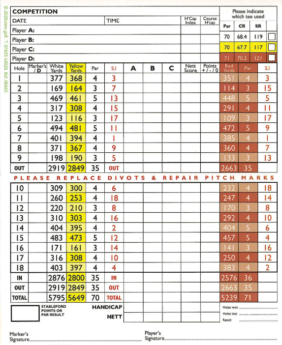 Score Card - Lindfield Golf Club
