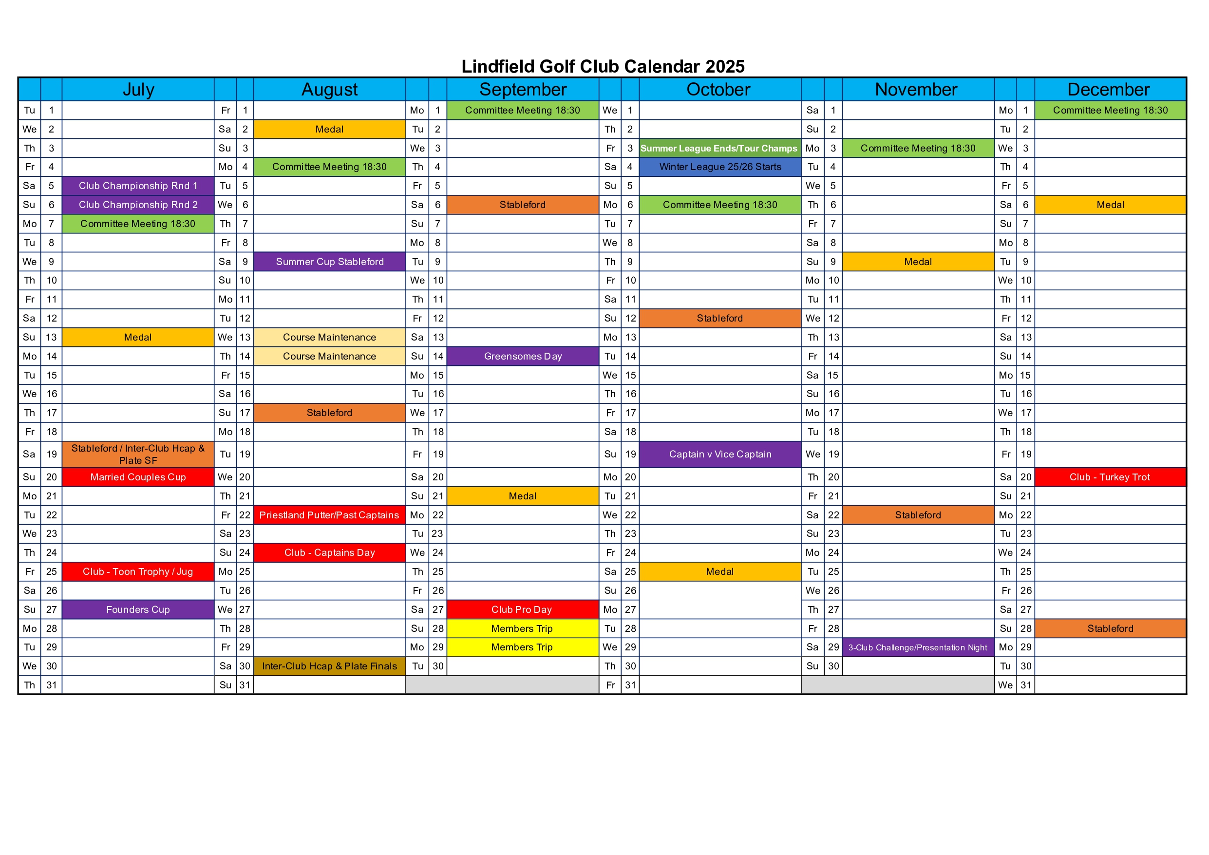 Main Section Calendar - Lindfield Golf Club